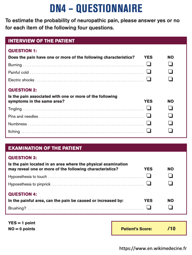 DN4 Questionnaire - Neuropathic pain assessment - Wikimedicine